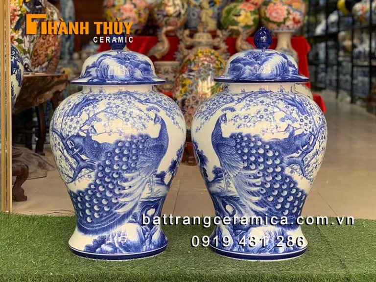 Chóe sứ Bát Tràng chim công hoa đào 40 lít hàng cao cấp Bát Tràng
