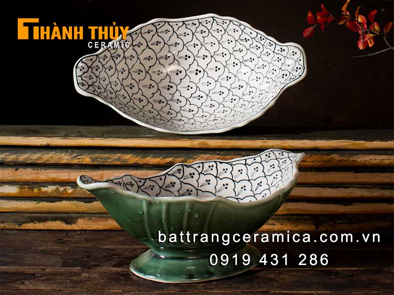 Bát bày gà cúng vẽ hoa bèo xanh sứ sạch cao cấp Bát Tràng