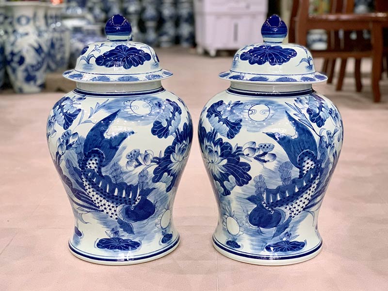 Chóe thờ bát tràng vẽ sen cá 15 lít gốm sứ cao cấp Thành Thủy Bát Tràng