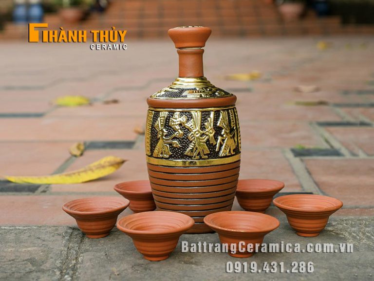 Bộ nậm đựng rượu gốm dát vàng 1 lít - Chuẩn Sành Không Tráng Men