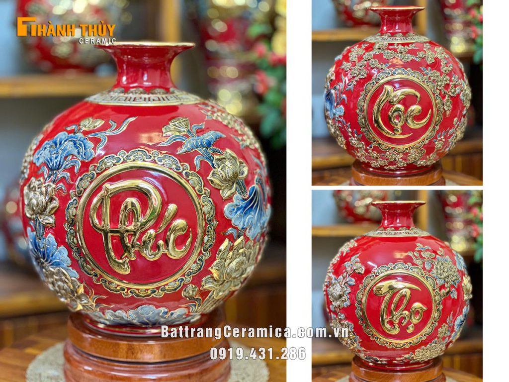 Bình hút lộc màu đỏ Phúc Lộc Thọ vẽ vàng 24k gốm sứ cao cấp Bát Tràng