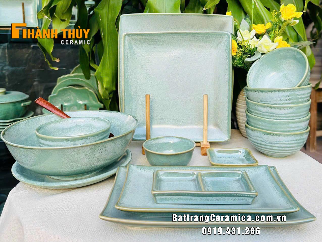Bộ bát đĩa bát tràng sắc ngọc lam 15c sứ cao cấp Thành Thủy