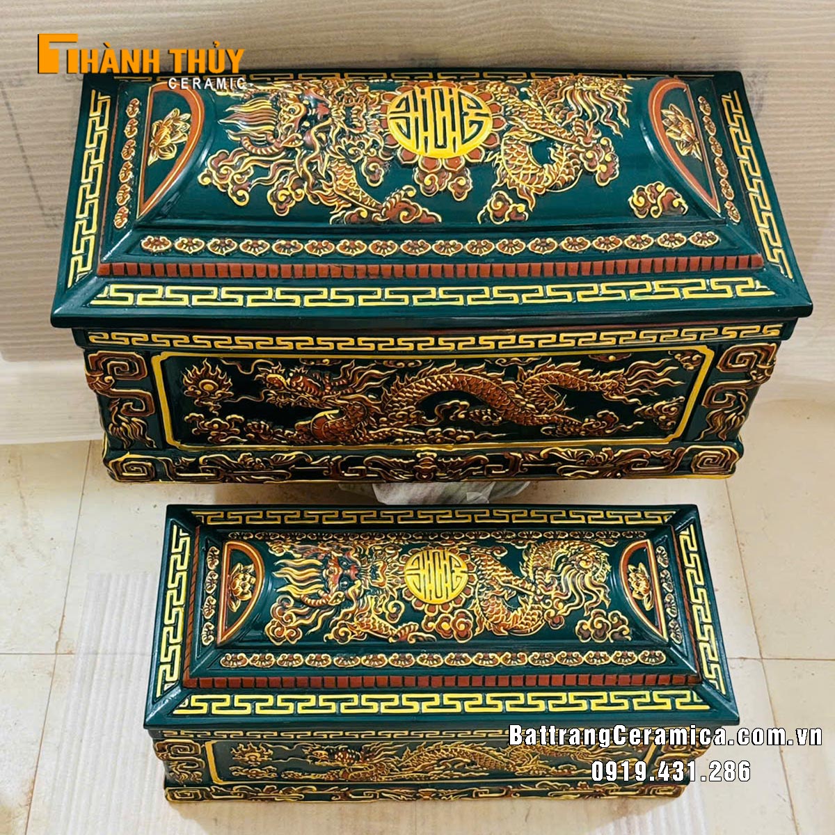 Bộ tiểu quách Lục Bảo Long Phụng nhũ vàng hàng cao cấp Bát Tràng