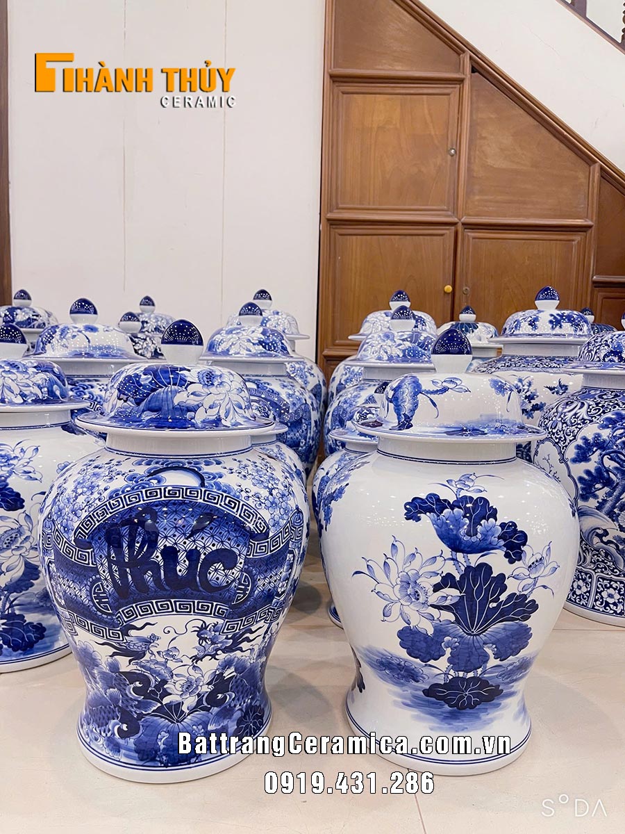 Choé Bát Tràng Phúc Đức men Lam 20 lít bày sập thờ đẹp, sang trọng