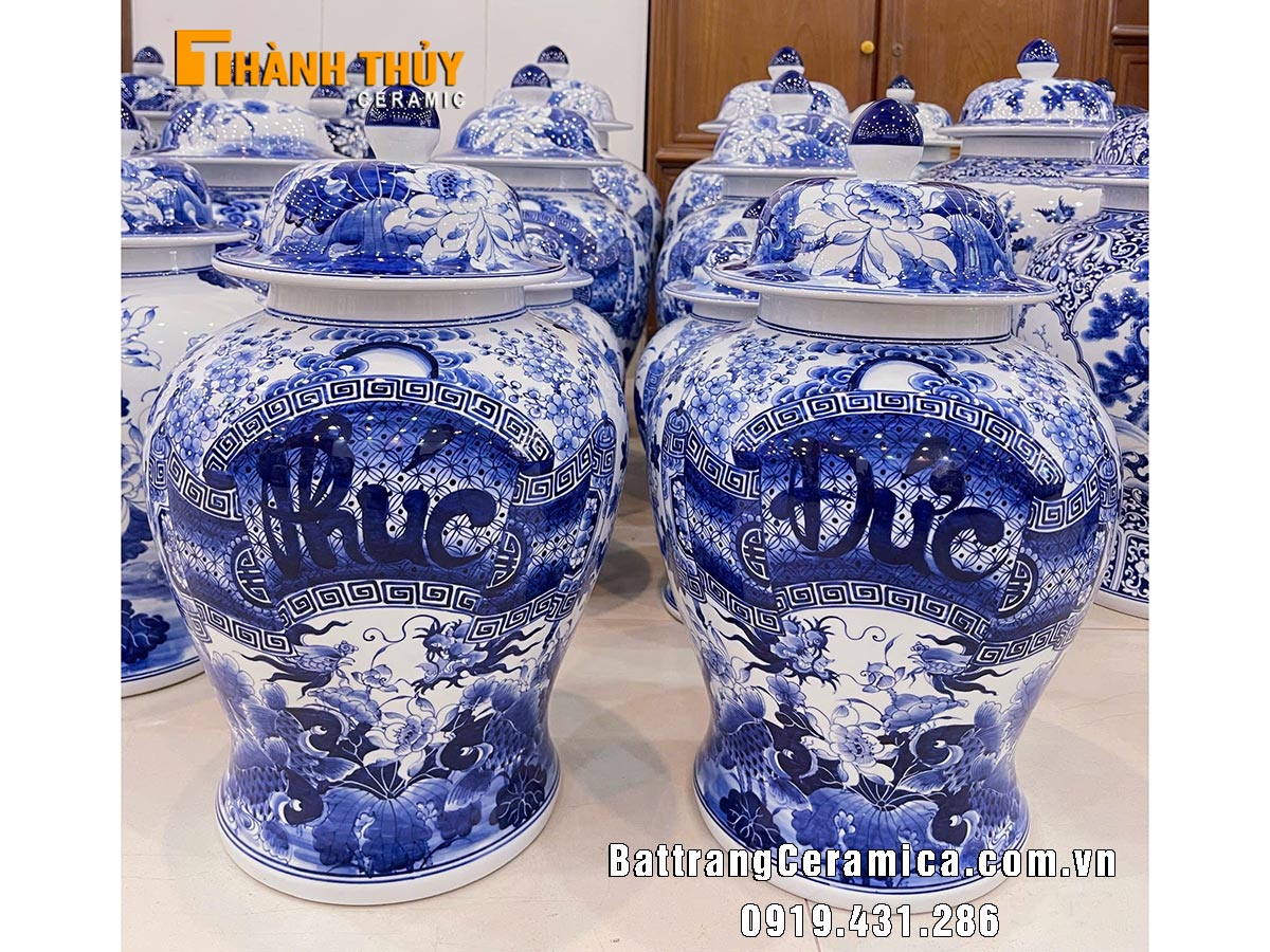 Choé Bát Tràng Phúc Đức men Lam 20 lít bày sập thờ đẹp, sang trọng