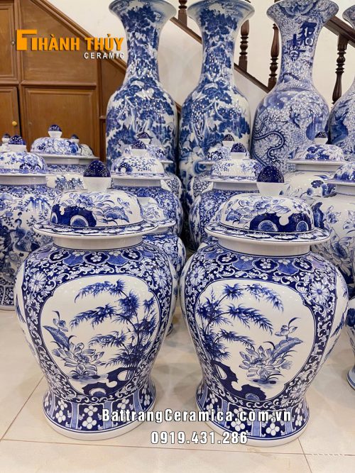 Choé Bát Tràng tứ cảnh men lam 20 lít bày sập thờ đẹp, sang trọng