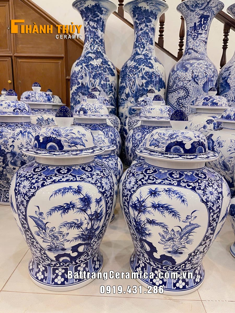 Choé Bát Tràng tứ cảnh men lam 20 lít bày sập thờ đẹp, sang trọng
