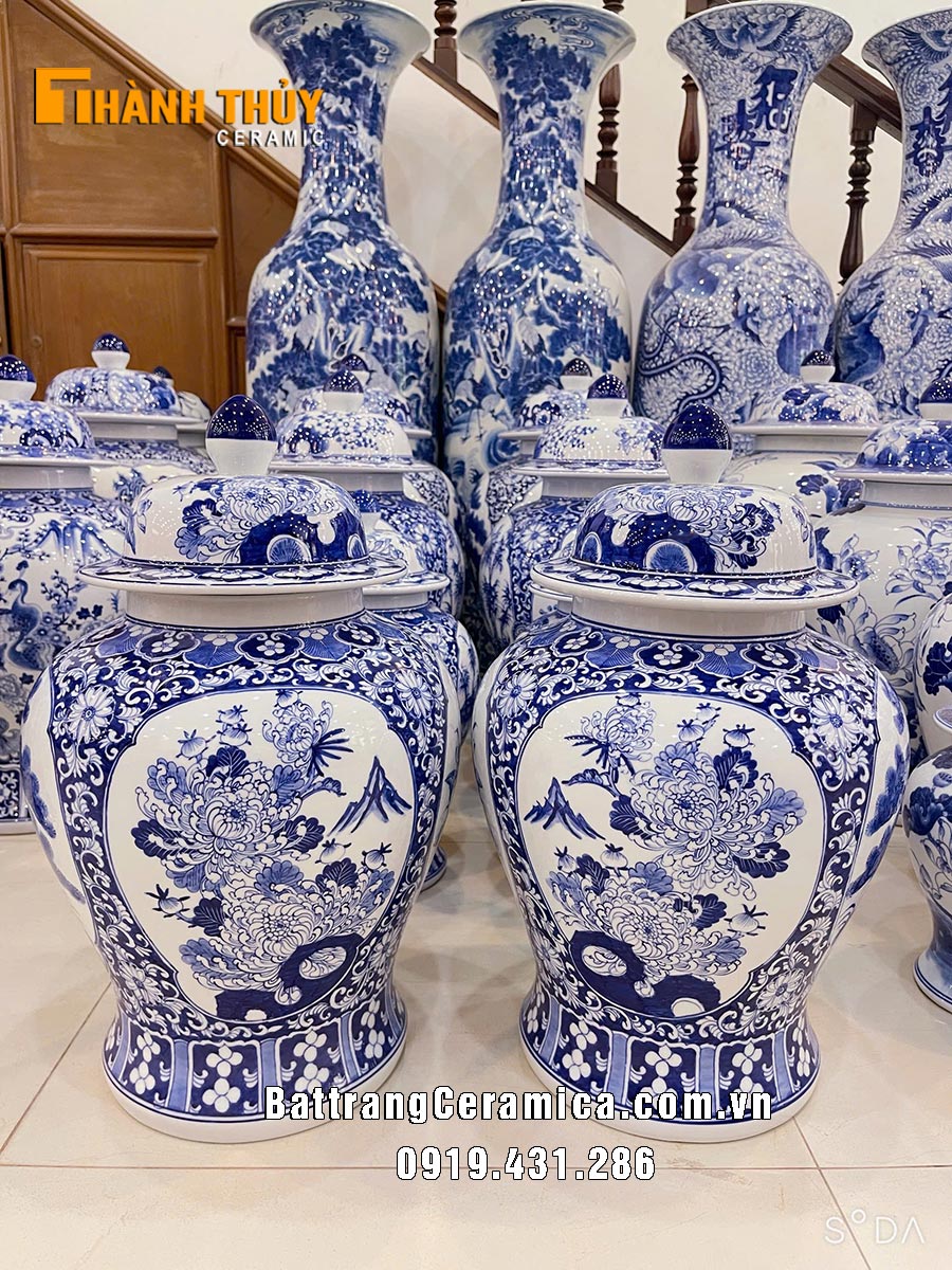 Choé Bát Tràng tứ cảnh men lam 20 lít bày sập thờ đẹp, sang trọng