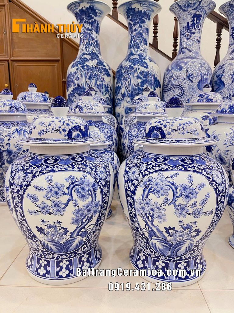 Choé Bát Tràng tứ cảnh men lam 20 lít bày sập thờ đẹp, sang trọng